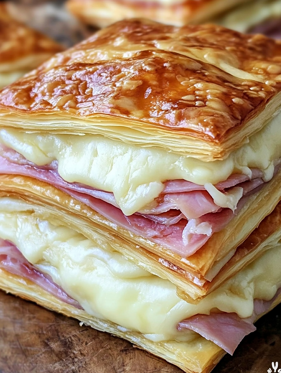 Crispy ham and cheese puff pastry squares
